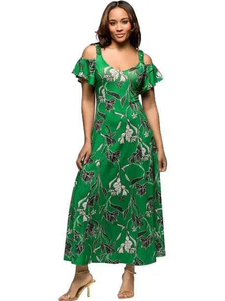 24SEVEN COMFORT APPAREL Floral Cold Shoulder Ruffle Sleeve A-line Maxi Dress - Green Multi