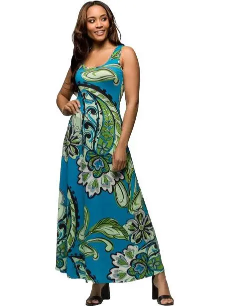 24SEVEN COMFORT APPAREL Paisley Print Scoop Neck A-line Maxi Dress - Blue Multi