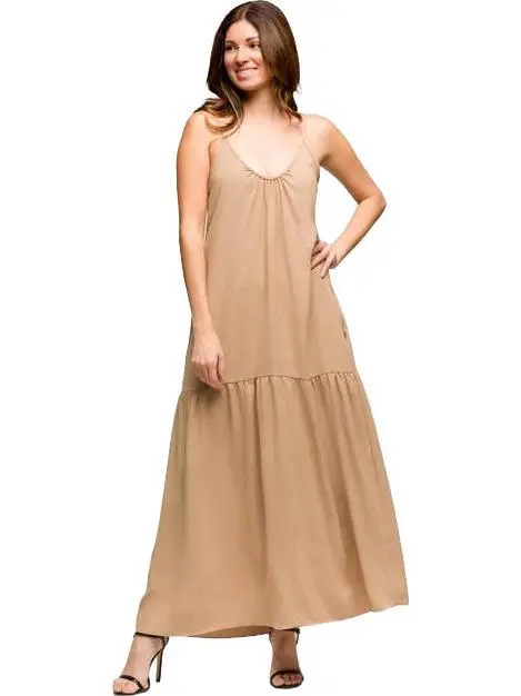 24SEVEN COMFORT APPAREL Spaghetti Strap Pocket Maxi Dress - Nude