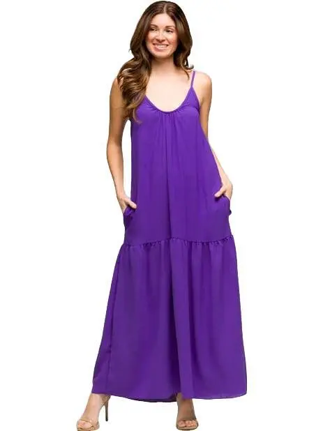 24SEVEN COMFORT APPAREL Spaghetti Strap Pocket Maxi Dress - Purple