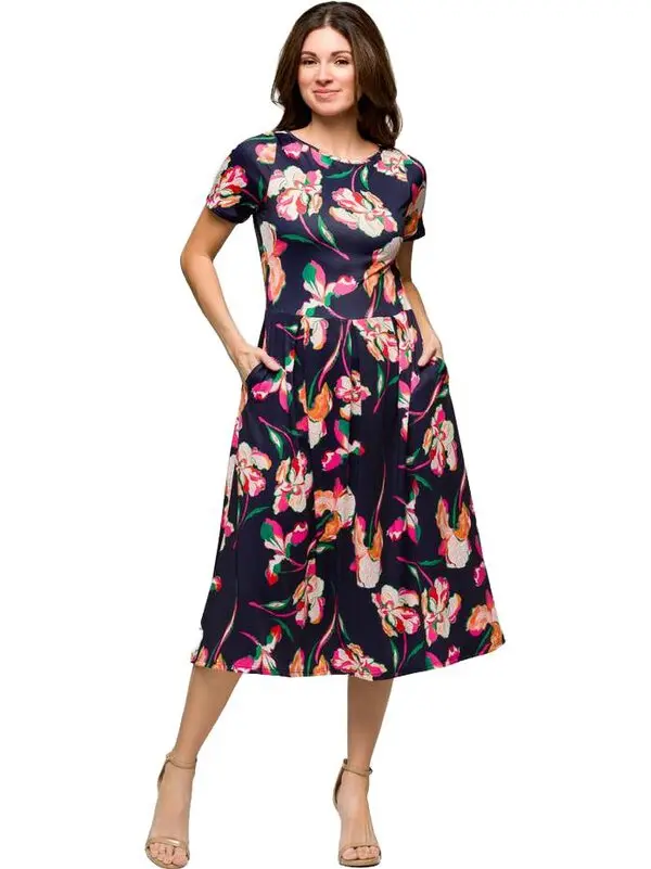 24SEVEN COMFORT APPAREL Floral Print Pleated Flare Midi Dress With Pockets - Navy Multi
