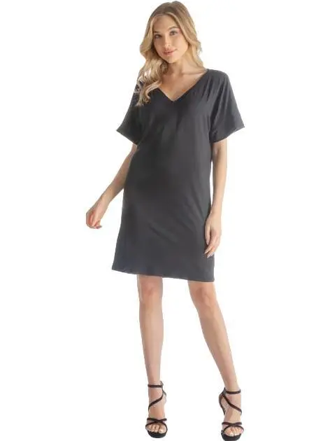 24SEVEN COMFORT APPAREL Solid Color V-neck Knee Length T-shirt Dress - Black