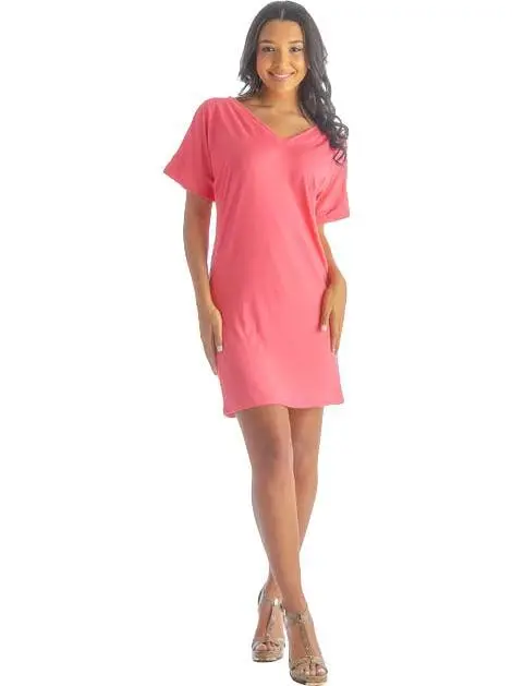 24SEVEN COMFORT APPAREL Solid Color V-neck Knee Length T-shirt Dress - Coral