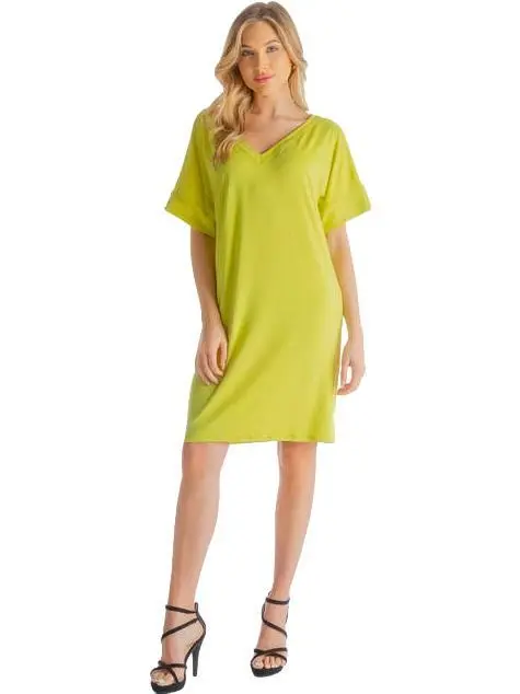 24SEVEN COMFORT APPAREL Solid Color V-neck Knee Length T-shirt Dress - Lime