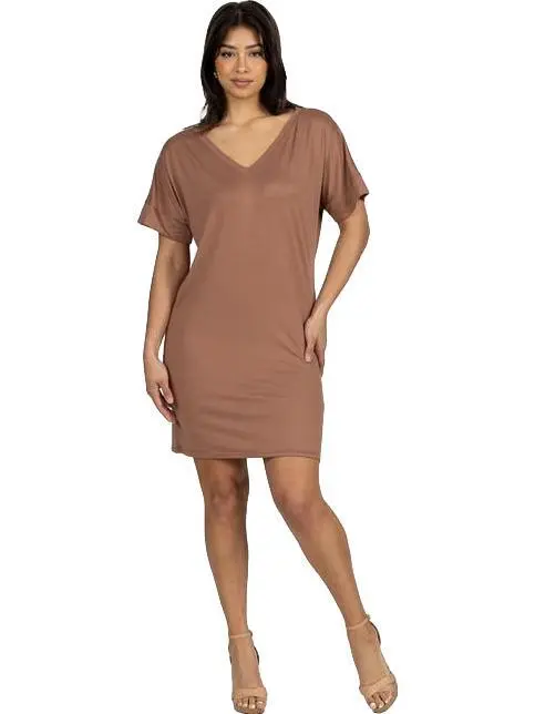 24SEVEN COMFORT APPAREL Solid Color V-neck Knee Length T-shirt Dress - Mocha
