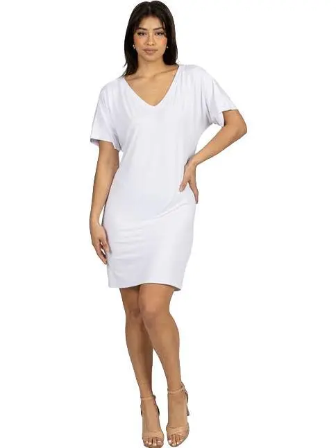 24SEVEN COMFORT APPAREL Solid Color V-neck Knee Length T-shirt Dress - White