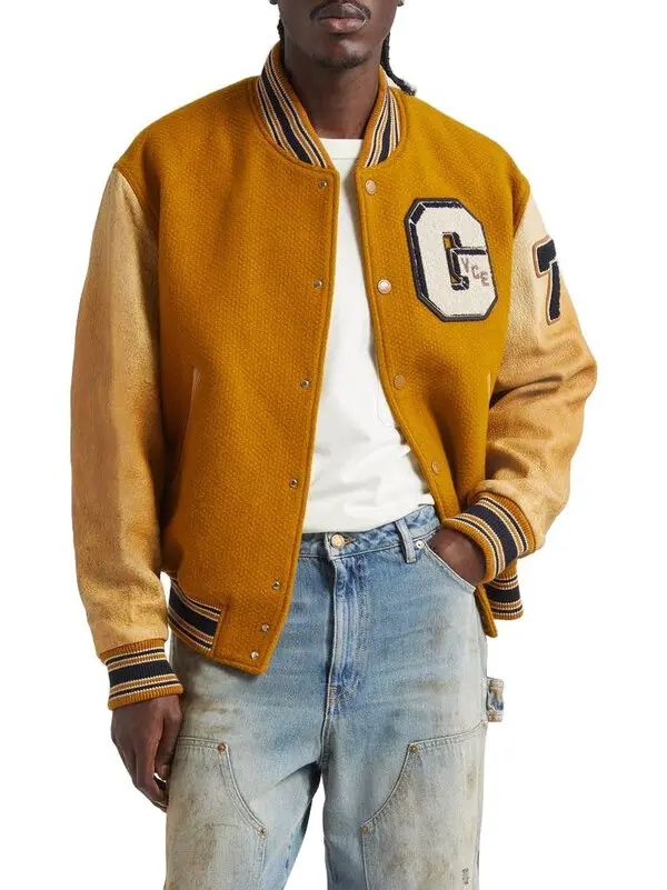 GOLDEN GOOSE Journey Mixed Media Varsity Bomber Jacket - Wood Thrush