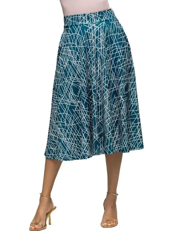 24SEVEN COMFORT APPAREL Geometric Print Elastic Waist Midi Skirt - Blue Multi