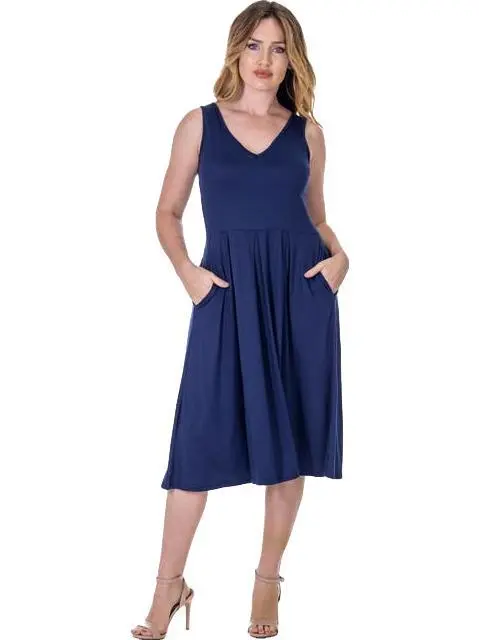 24SEVEN COMFORT APPAREL Sleeveless V-neck Maxi Dress With Belt - Navy