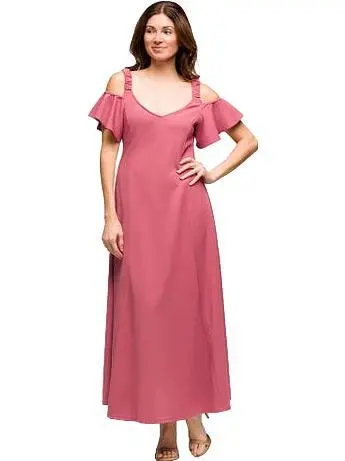 24SEVEN COMFORT APPAREL Maternity Cold Shoulder Ruffle Sleeve A-line Maxi Dress - Rose