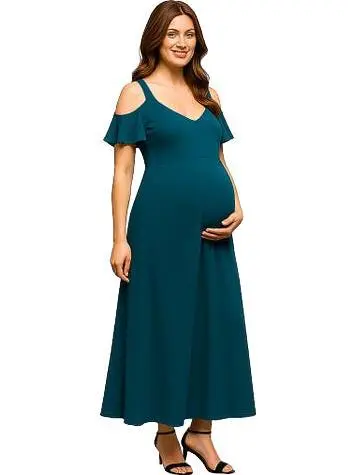 24SEVEN COMFORT APPAREL Maternity Cold Shoulder Ruffle Sleeve A-line Maxi Dress - Teal