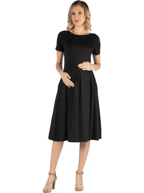 24SEVEN COMFORT APPAREL Maternity Midi Dress With Pocket Detail - Black