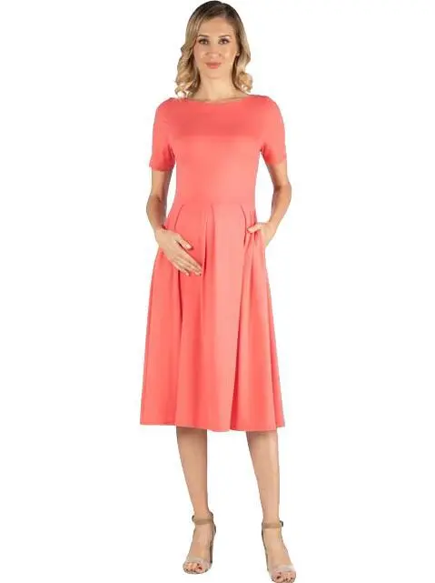 24SEVEN COMFORT APPAREL Maternity Midi Dress With Pocket Detail - Coral