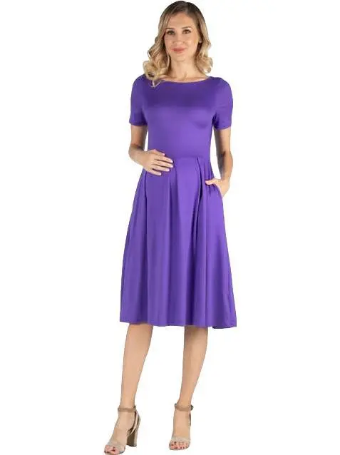 24SEVEN COMFORT APPAREL Maternity Midi Dress With Pocket Detail - Lilac