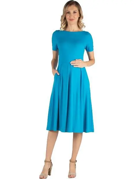 24SEVEN COMFORT APPAREL Maternity Midi Dress With Pocket Detail - Turq