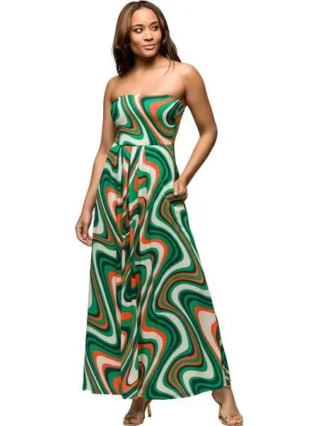 24SEVEN COMFORT APPAREL Printed A-line Strapless Maxi Dress With Pockets - Orange Multi