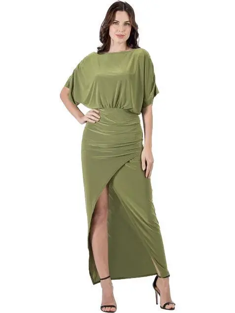 24SEVEN COMFORT APPAREL Boat Neck Batwing Sleeve Slit Maxi Dress - Avocado