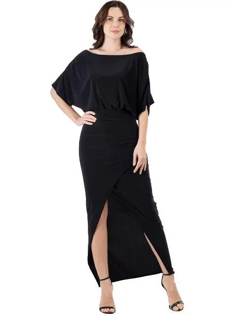 24SEVEN COMFORT APPAREL Boat Neck Batwing Sleeve Slit Maxi Dress - Black