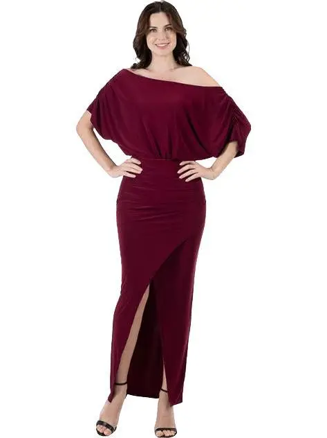 24SEVEN COMFORT APPAREL Boat Neck Batwing Sleeve Slit Maxi Dress - Burgundy