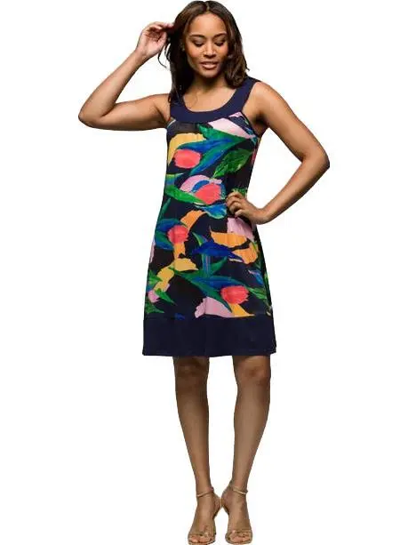 24SEVEN COMFORT APPAREL Floral Scoop Neck Knee Length Dress - Green Multi