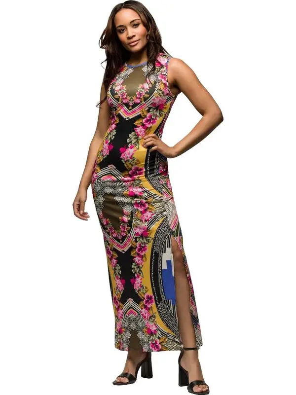 24SEVEN COMFORT APPAREL Geometric Floral Print Sleeveless Maxi Dress - Pink Multi