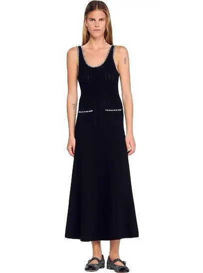 Sandro Maxi Knit Dress With Beaded Detail - Black