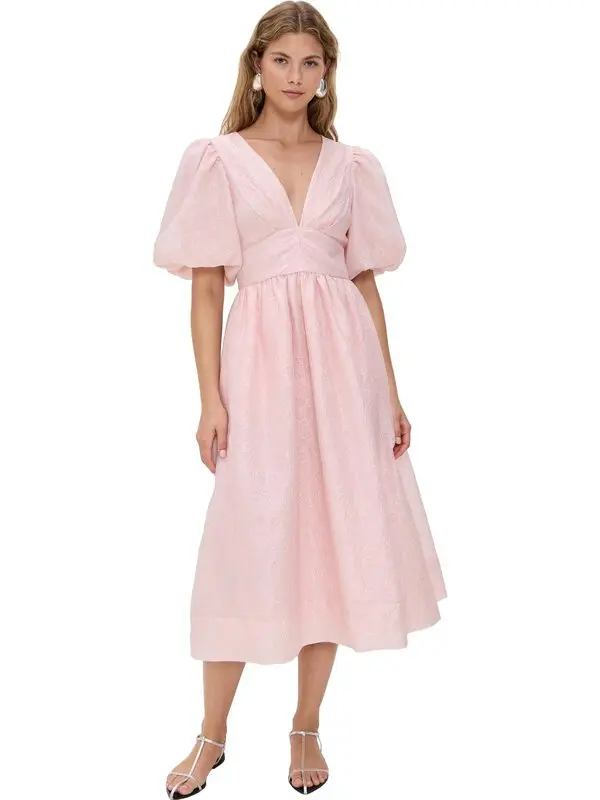 Sea Florence Embossed Puff Sleeve Midi Dress - Pink