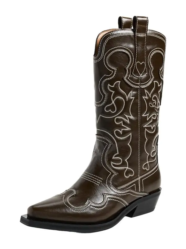 GANNI Mid Shaft Western Boots - Dark Olive/egret