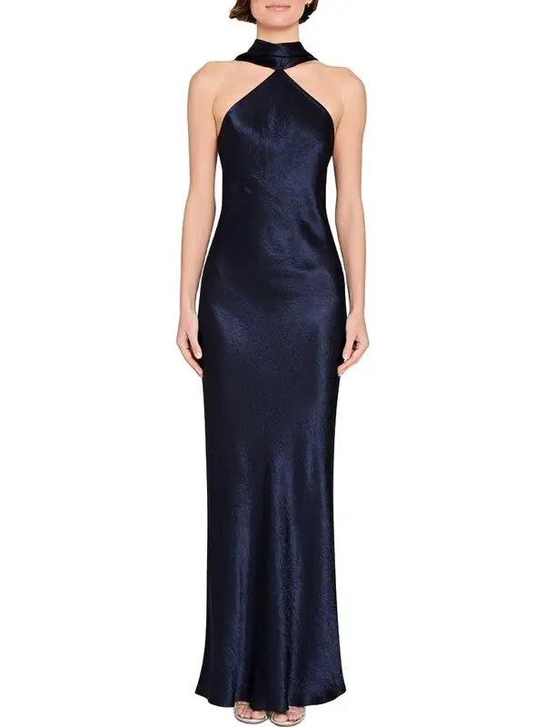 Amanda Uprichard Ashton Drape Satin Gown - Navy