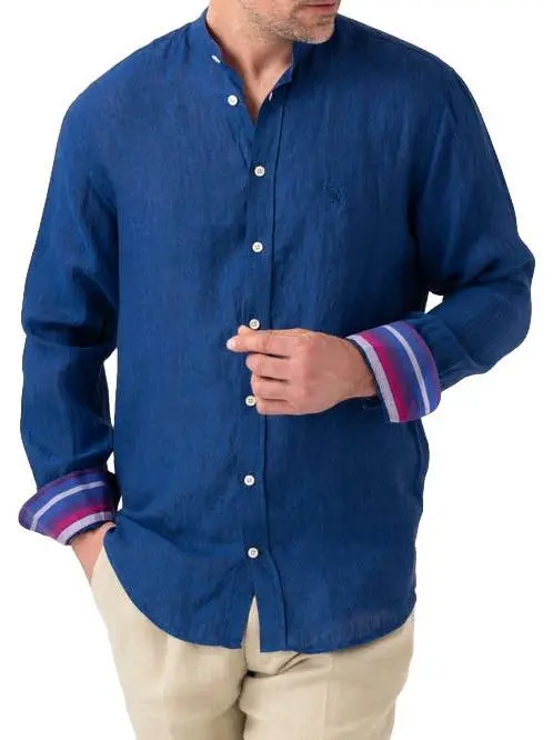KOY CLOTHING Linen Band Collar Shirt - Royal Blue