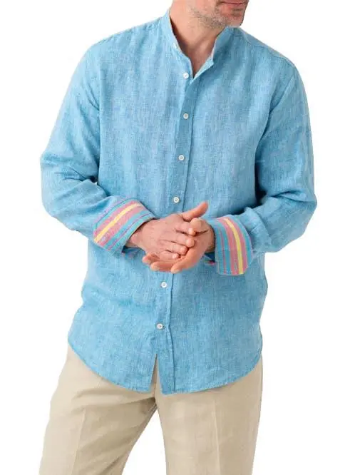 KOY CLOTHING Linen Band Collar Shirt - Turquoise