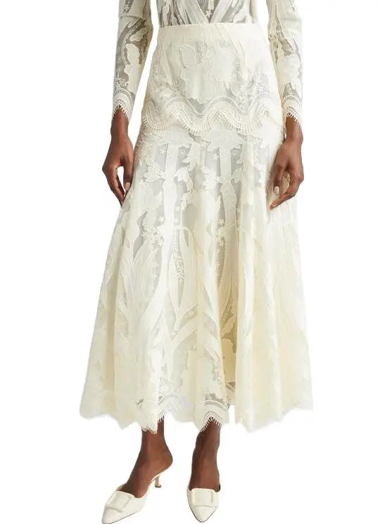 Lela Rose Floral Lace A-line Skirt - Cream