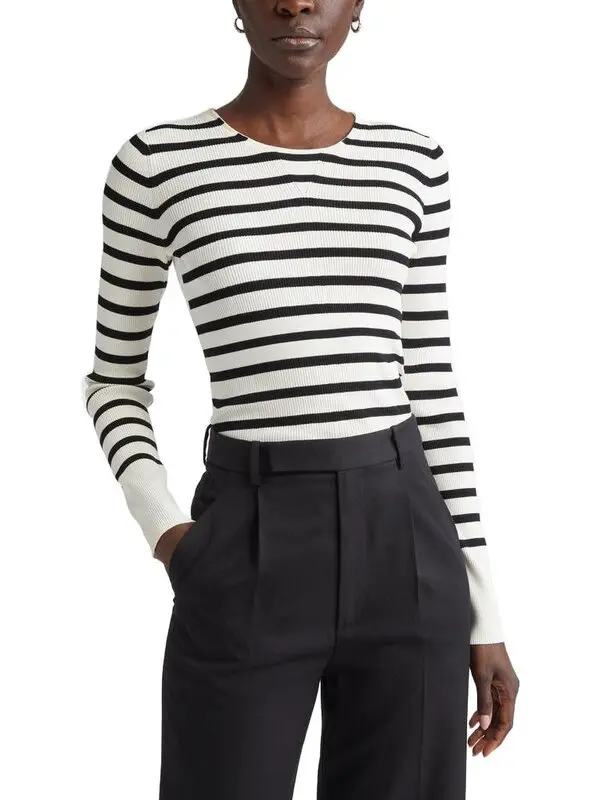 St. John Breton Stripe Sweater - Ecru/ Black Multi