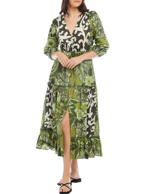 Fifteen Twenty Nicki Tiered Ruffle Maxi Dress - Green Print