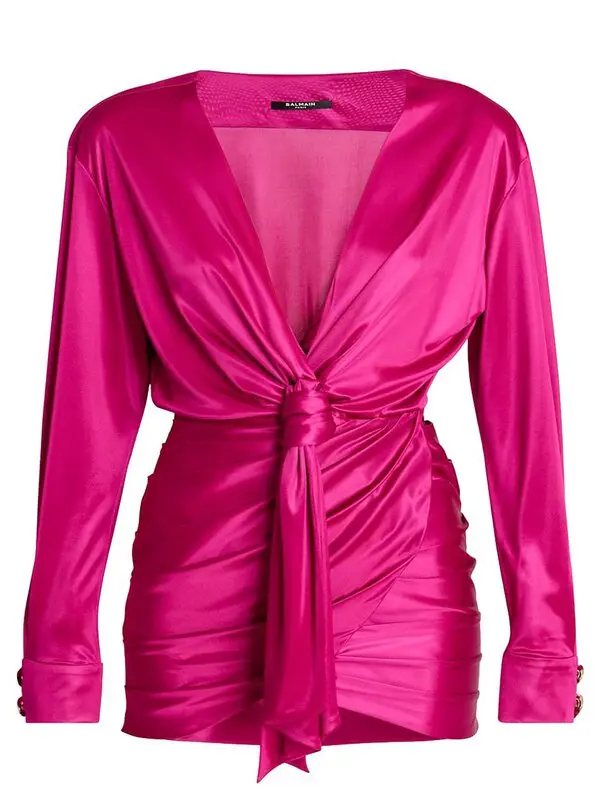 Balmain Knotted Draped Silk Mini Dress - Metallic Pink