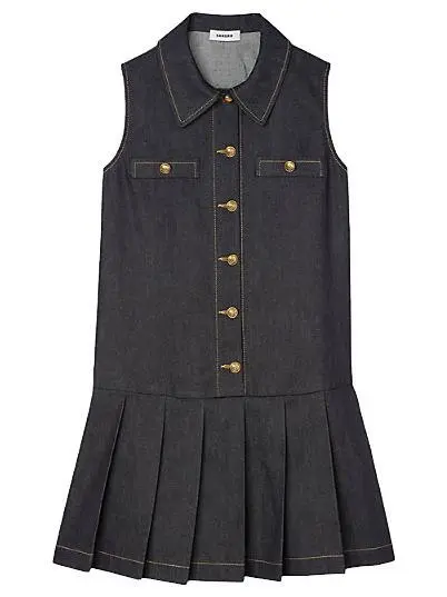 Sandro Sleeveless Denim Mini Dress With Pleated Skirt - Deep Blue