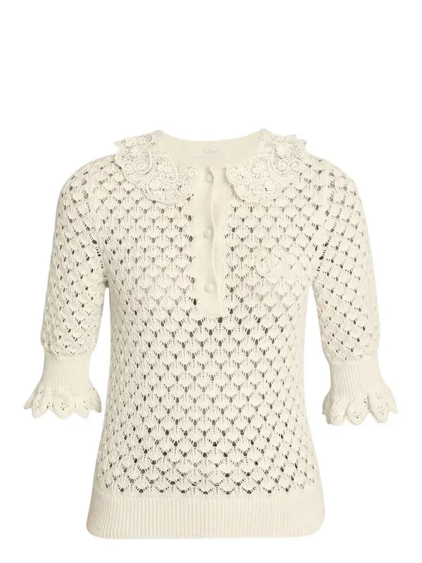 Chloé Lace-collar Knit Polo Top - White