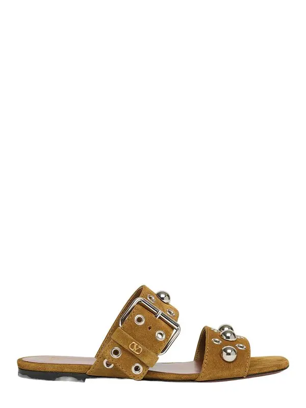 Valentino Garavani Nellcote Studded Suede Flat Sandals - Havana Beige