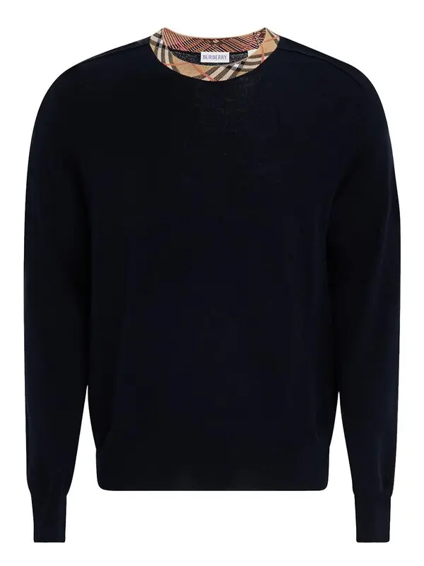 Burberry Wool Knit Crewneck Sweater With Check Trim - Navy