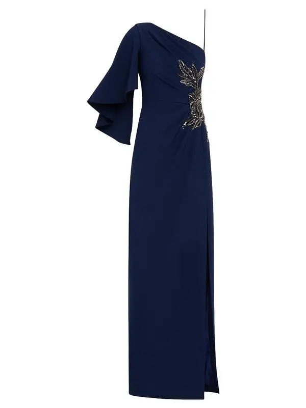 Theia Giuliana Embellished Crepe Column Gown - Navy