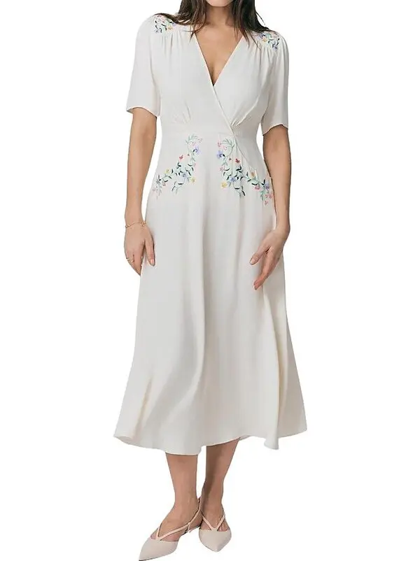 GHOST LONDON Maeva Embroidered Crepe Midi Tea Dress - White