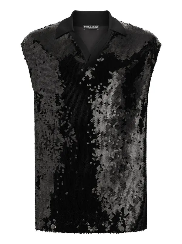 Dolce & Gabbana Sleeveless Polo With Sequins - Black