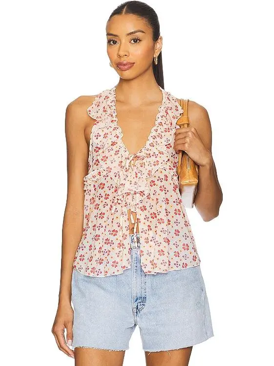 Free People Fearless Floral Print Knit Tank With Ruffled Neckline And Front Tie Closure - Ivory