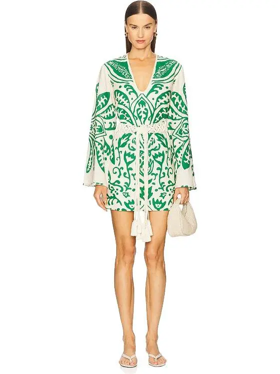 Alexis Noriko Crochet Belt Linen Dress - Emerald Palm