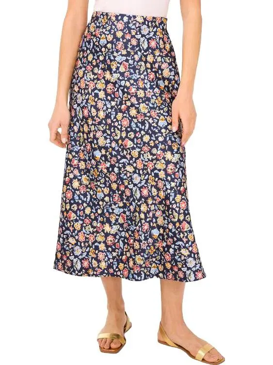 Vince Camuto Floral Bias Cut Midi Skirt - Classic Navy
