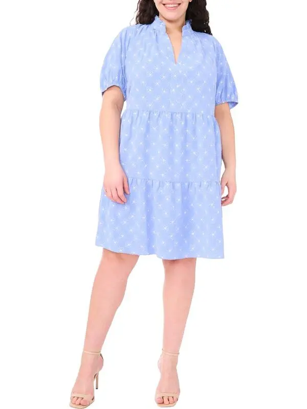 CECE DUPRAZ Puff Sleeve Ruffle Hem Dress - Blue Spritz