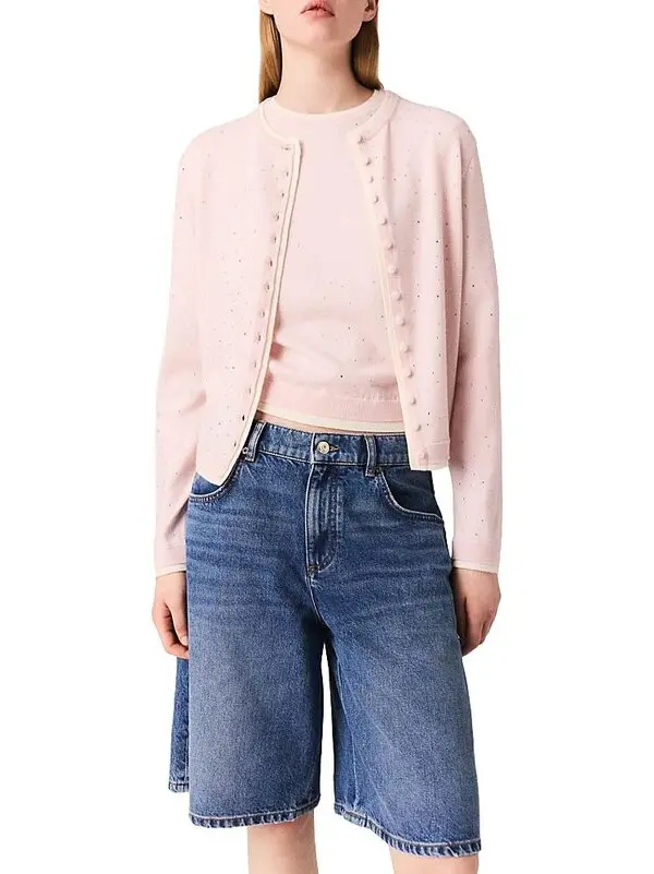 Maje Wool Knit Cardigan With Rhinestones - Pink