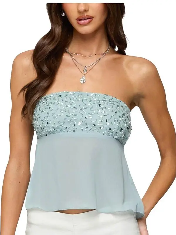 EDIKTED Beadie Sheer Chiffon Strapless Top - Light-blue