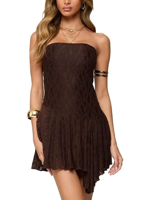 EDIKTED Elaia Asymmetric Strapless Lace Mini Dress - Brown