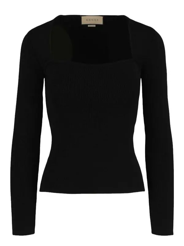 Gucci Sweetheart Neck Ribbed Knit Sweater - Black